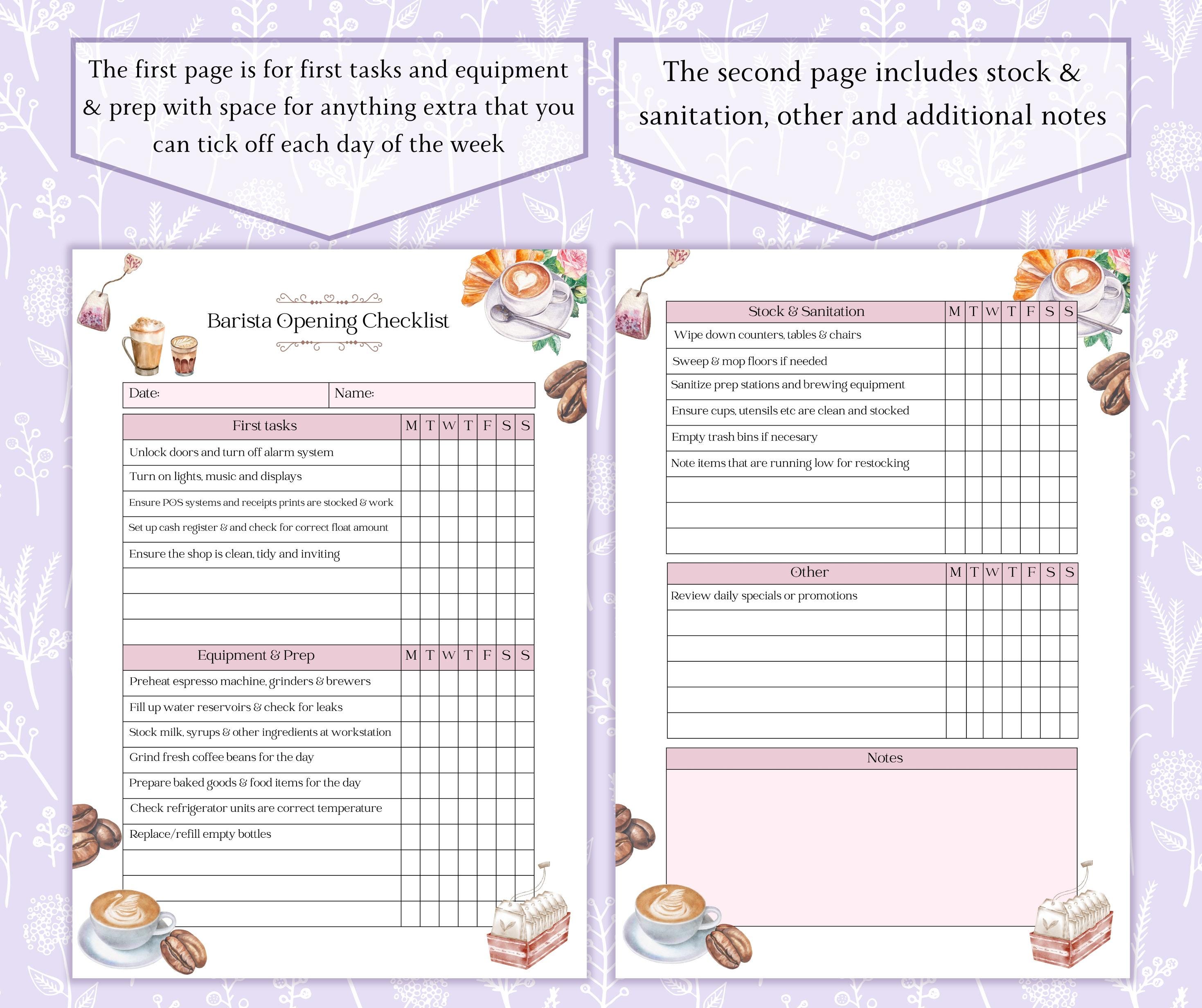 Barista Opening Checklist Printable PDF | Cafe Checklist | Server ...