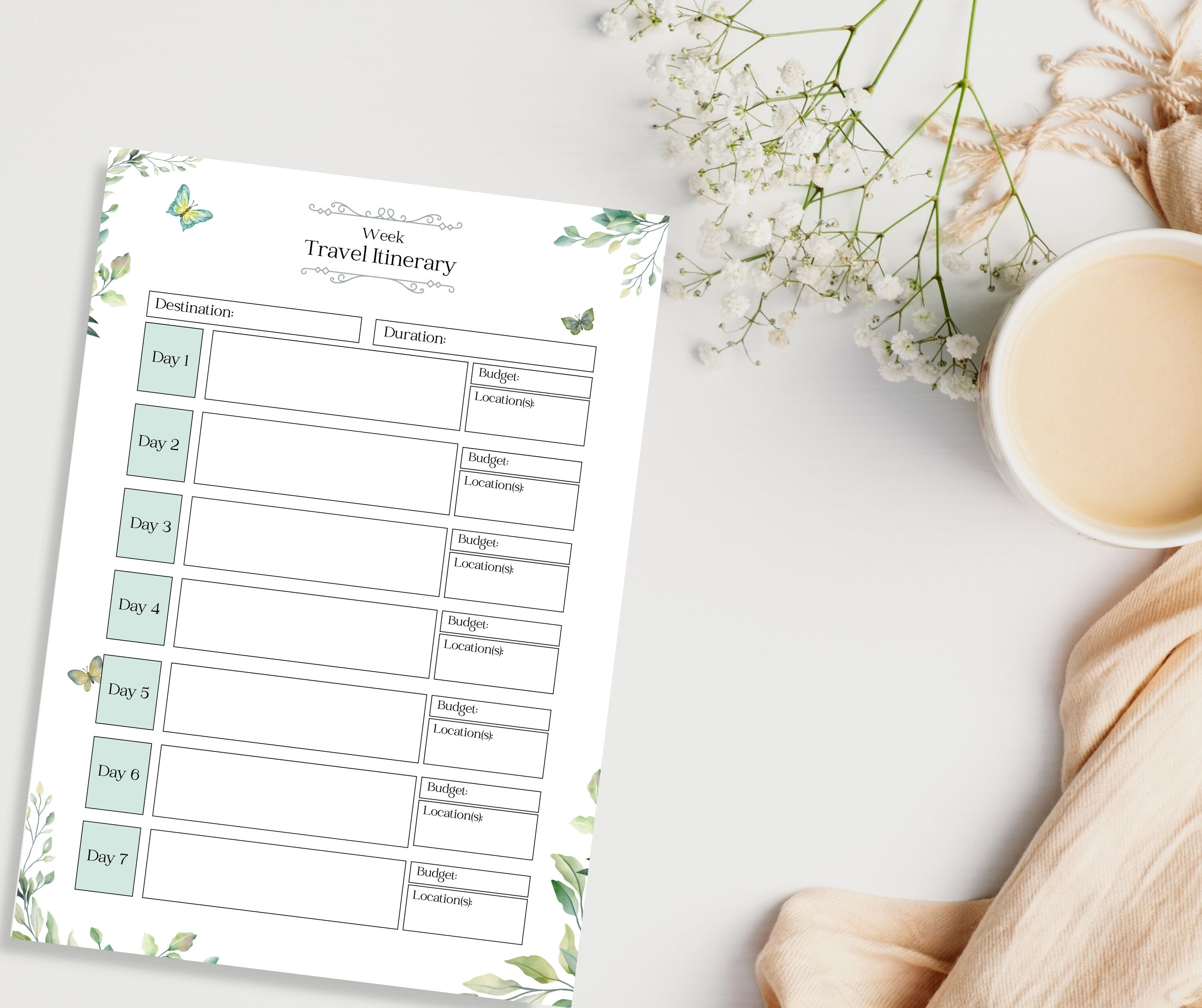 Travel Itinerary Printable PDF | Weekly Planner | Week Vacation Planner ...