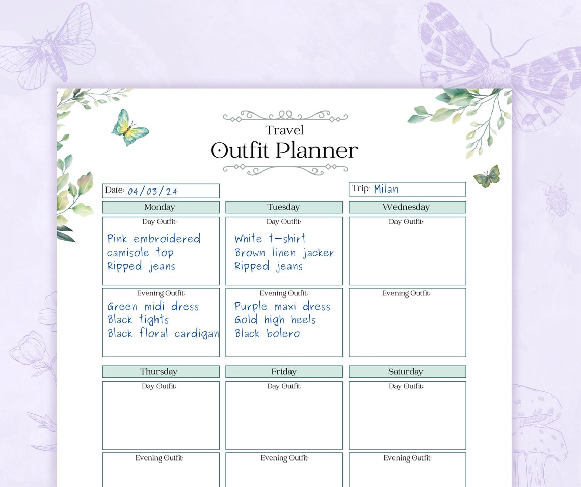 Travel Outfit Planner Printable PDF | Travel Packing List Clothes ...