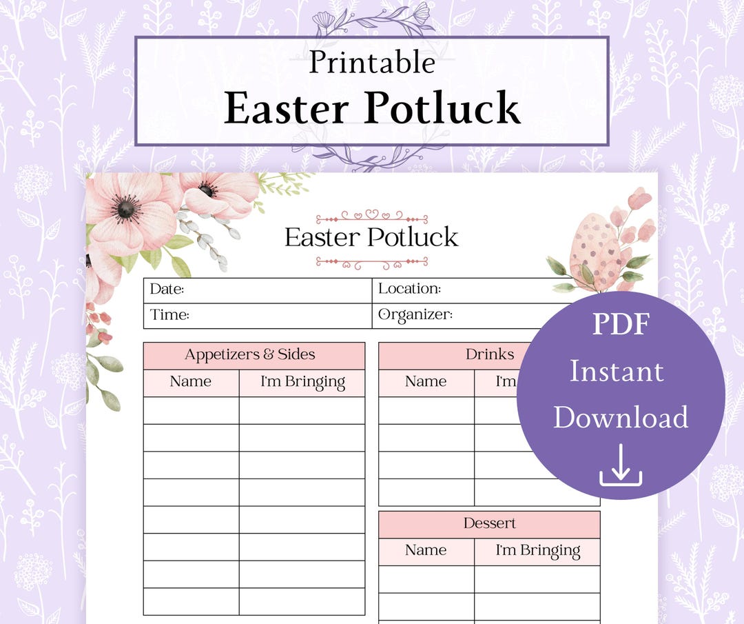 Easter Potluck Sign up Sheet Printable PDF | Potluck Form | Easter ...