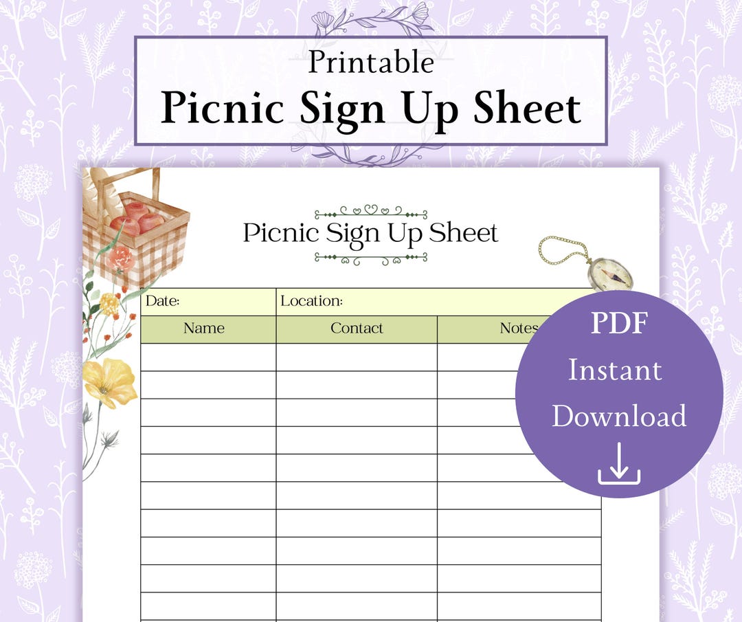Picnic Sign up Sheet Printable PDF | Backyard Bash | Summer BBQ Sign up ...