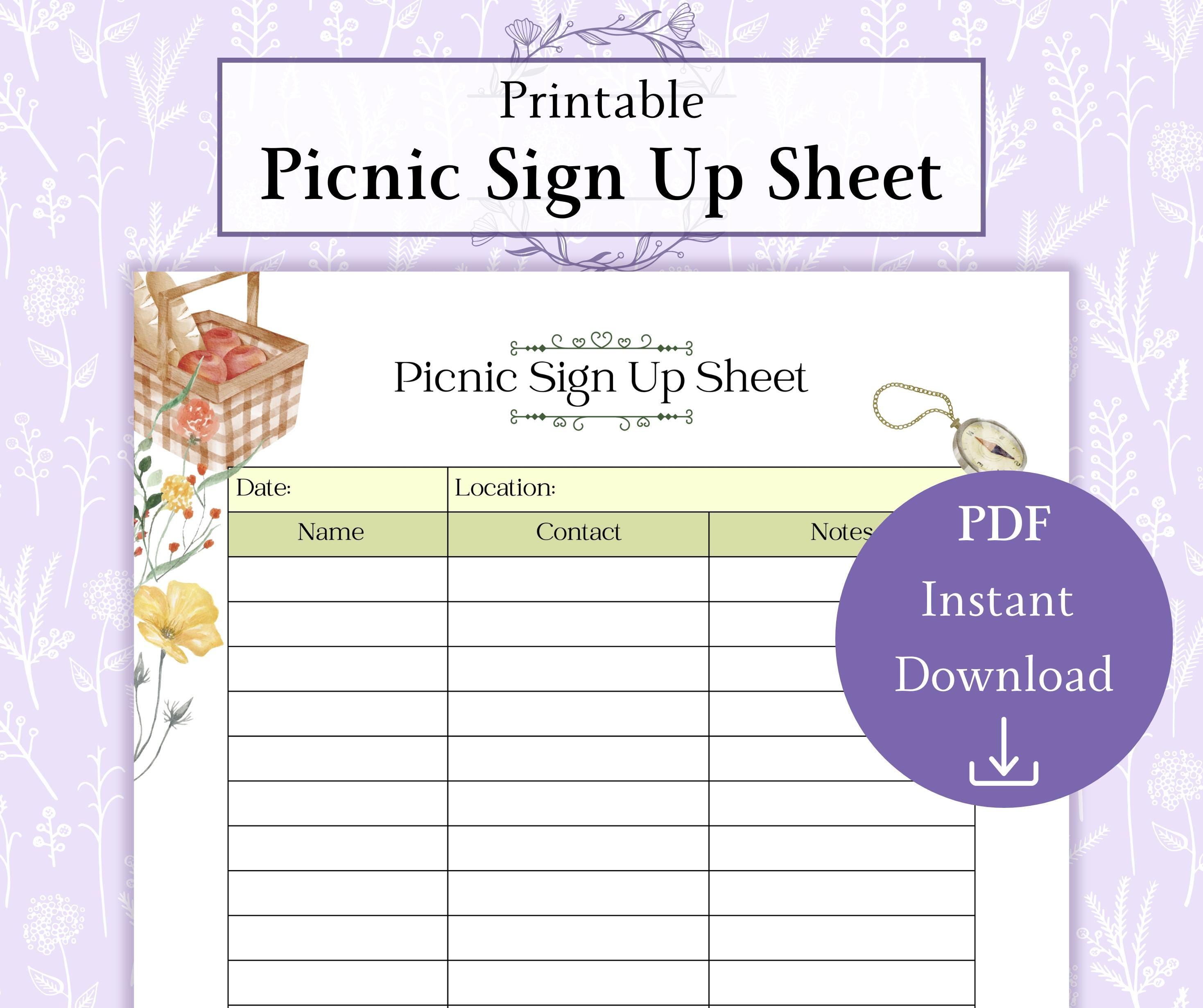 Picnic Sign up Sheet Printable PDF | Backyard Bash | Summer BBQ Sign up ...