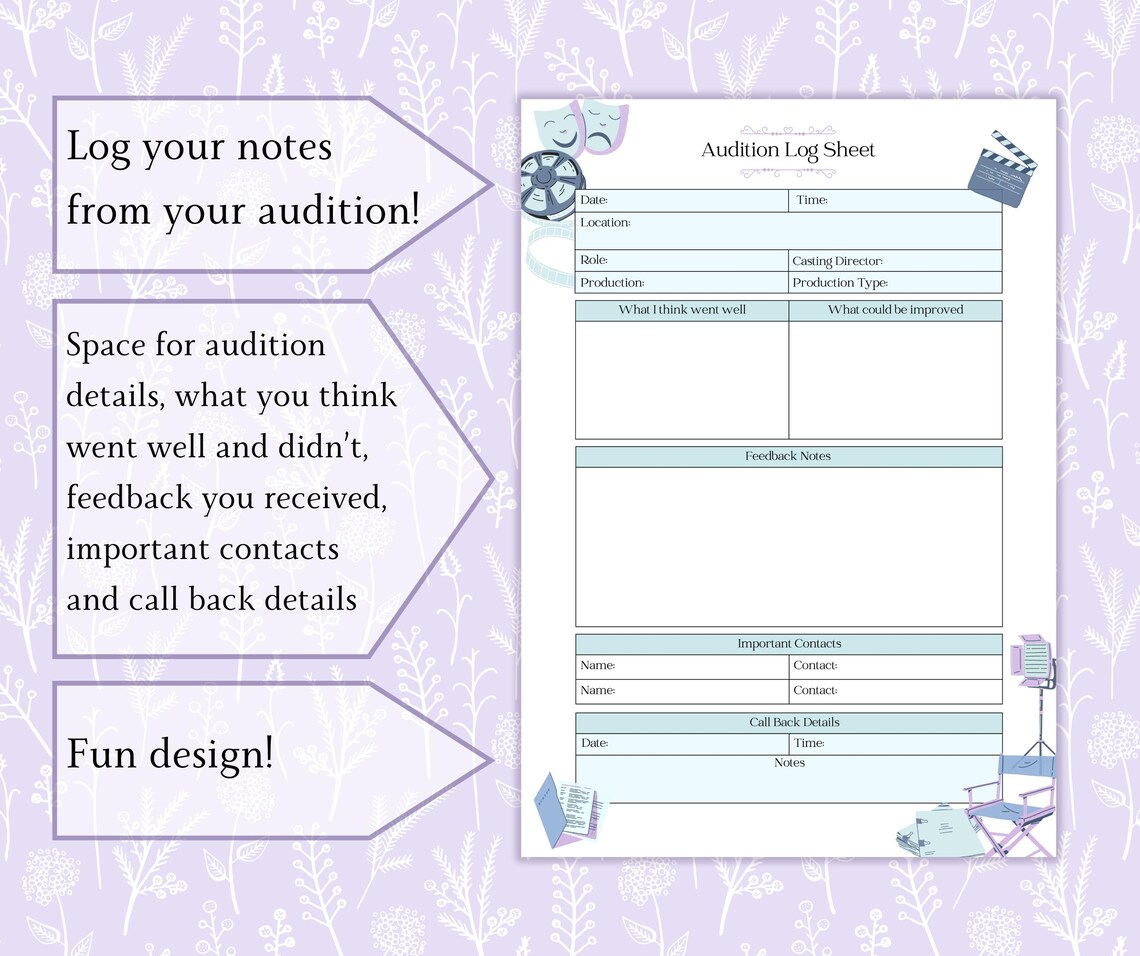 Audition Log Bundle Printable PDF | Audition Planner | Audition Sheet ...