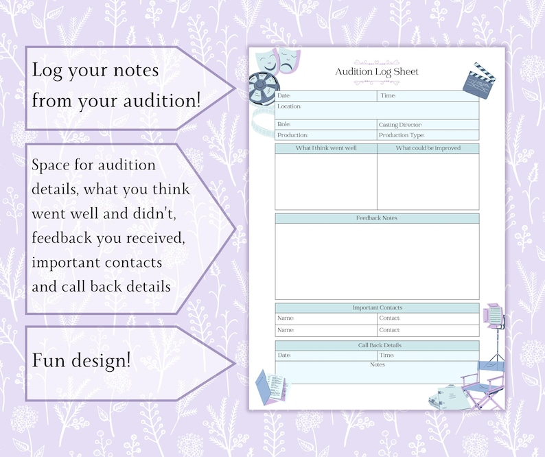 Audition Log Bundle Printable PDF | Audition Planner | Audition Sheet ...