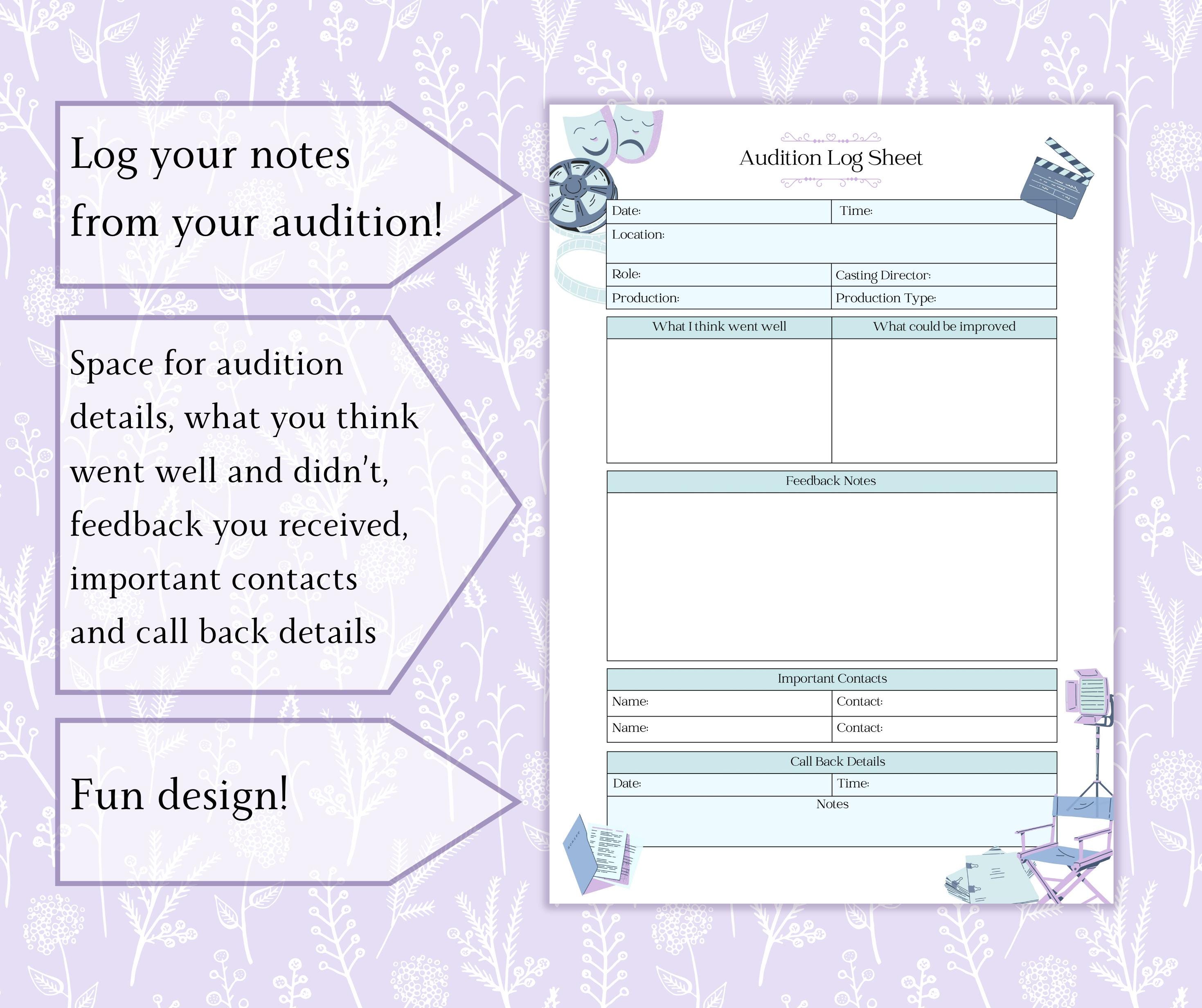 Audition Log Bundle Printable PDF | Audition Planner | Audition Sheet | Actor Planner | Actor ...