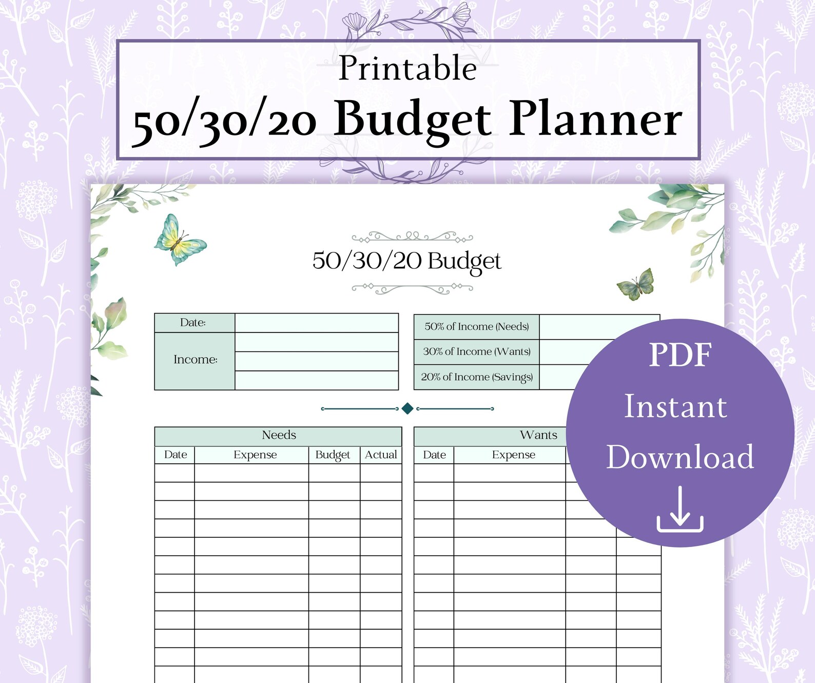 50/30/20 Budget Planner Printable PDF | 503020 Budget | Personal ...