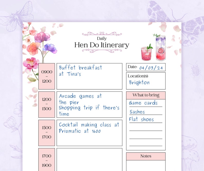 Hen Party Schedule Printable PDF | Daily Hen Do Itinerary | Bride Squad ...