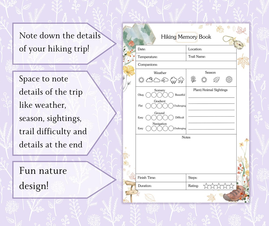 Printable Hiking Memory Book Sheet PDF | Adventure Logbook | Hiking ...