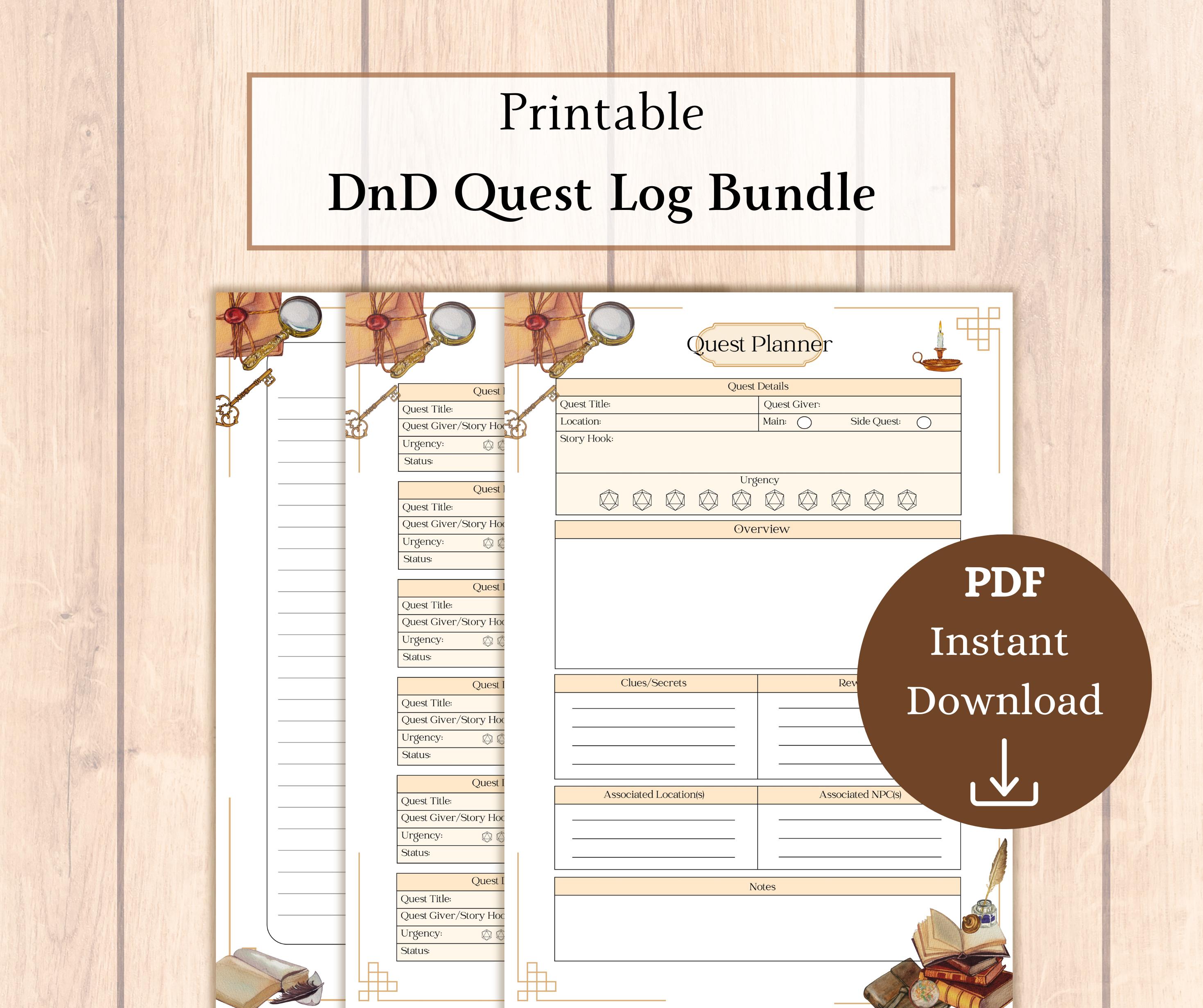 Dnd Quest Log Bundle Printable PDF | DM Quest Planner | Dnd Adventure ...
