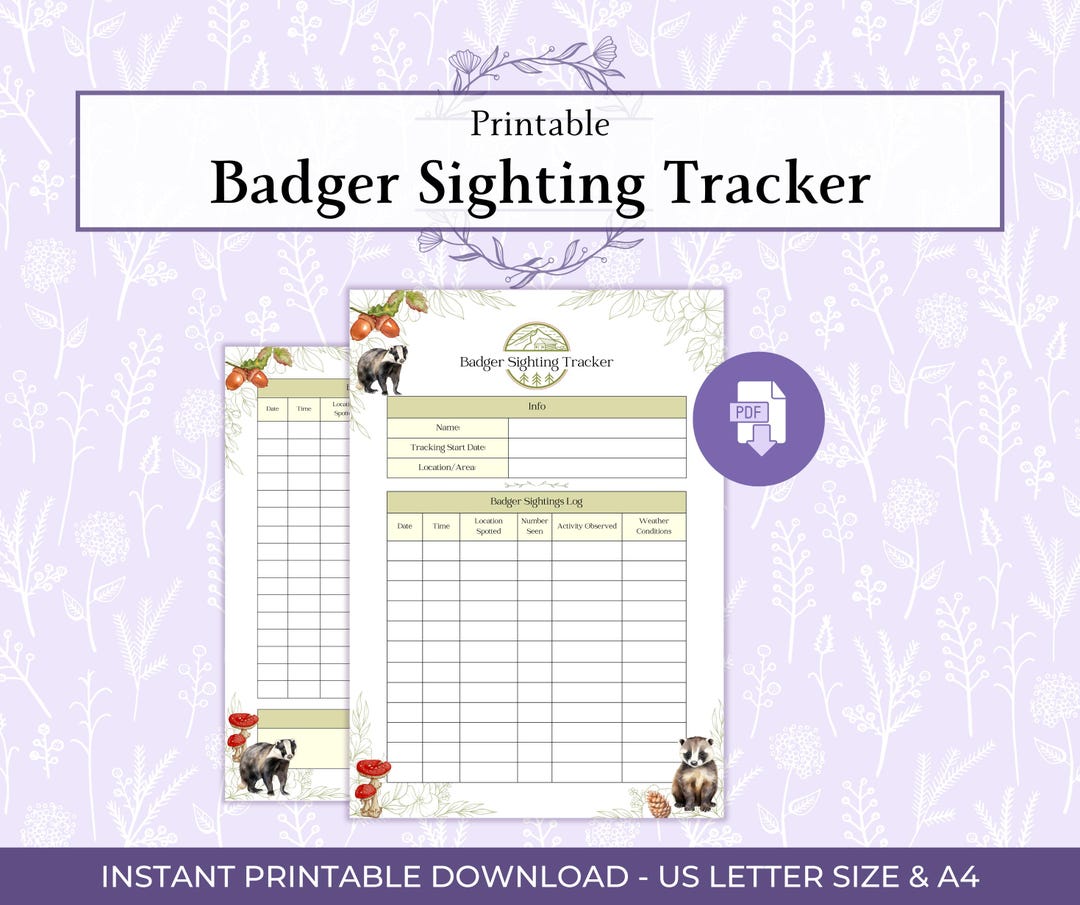 Badger Sighting Tracker Printable PDF, Wildlife Observation Journal ...