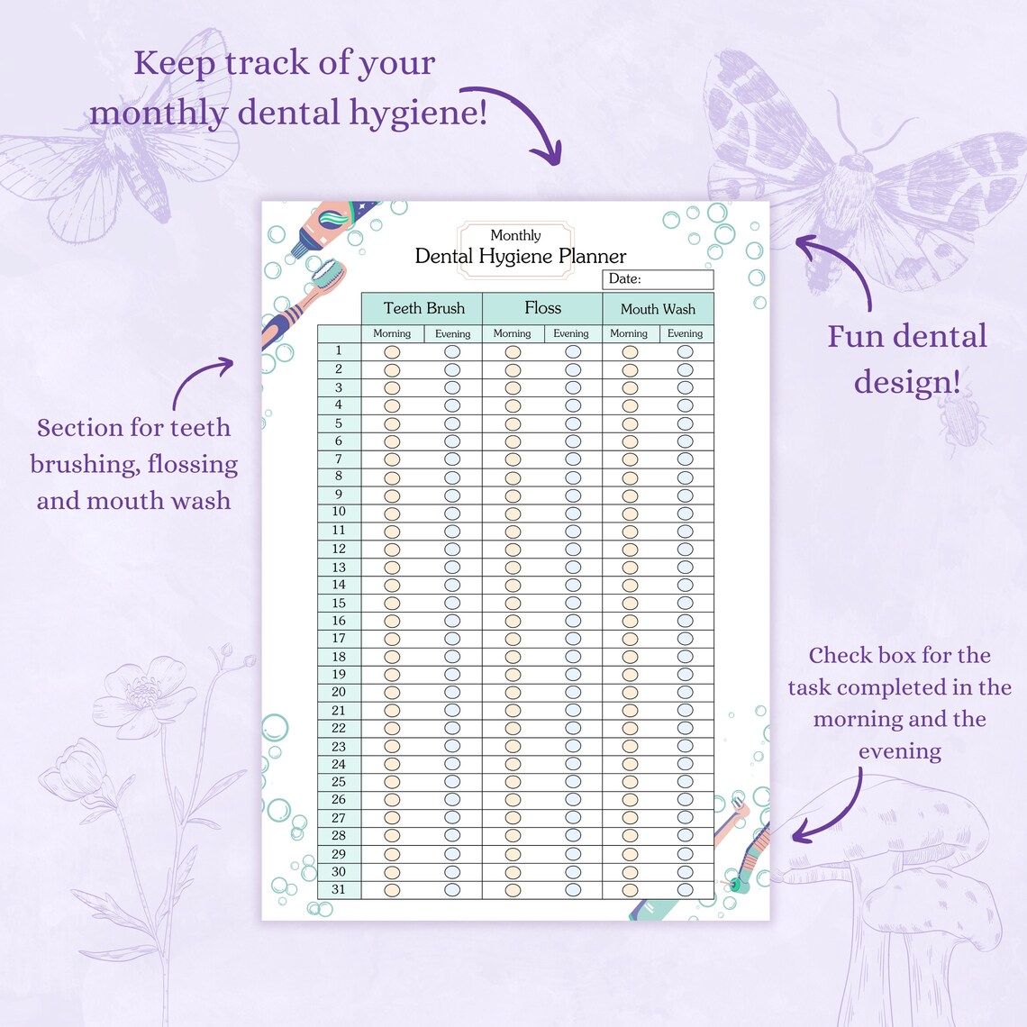 Monthly Dental Hygiene Planner Printable PDF | Tooth Brushing Tracker ...