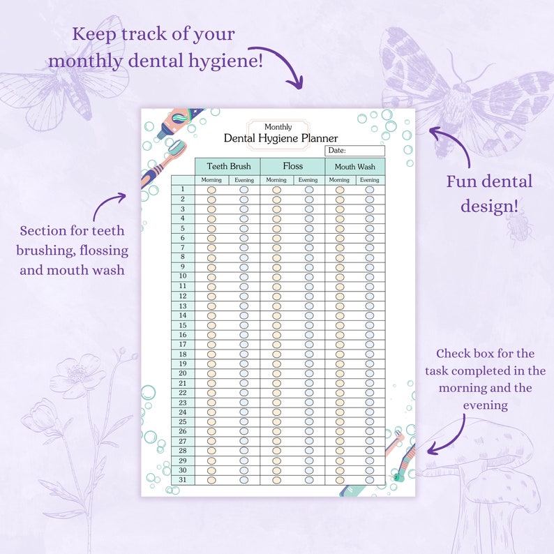 Monthly Dental Hygiene Planner Printable PDF | Tooth Brushing Tracker ...