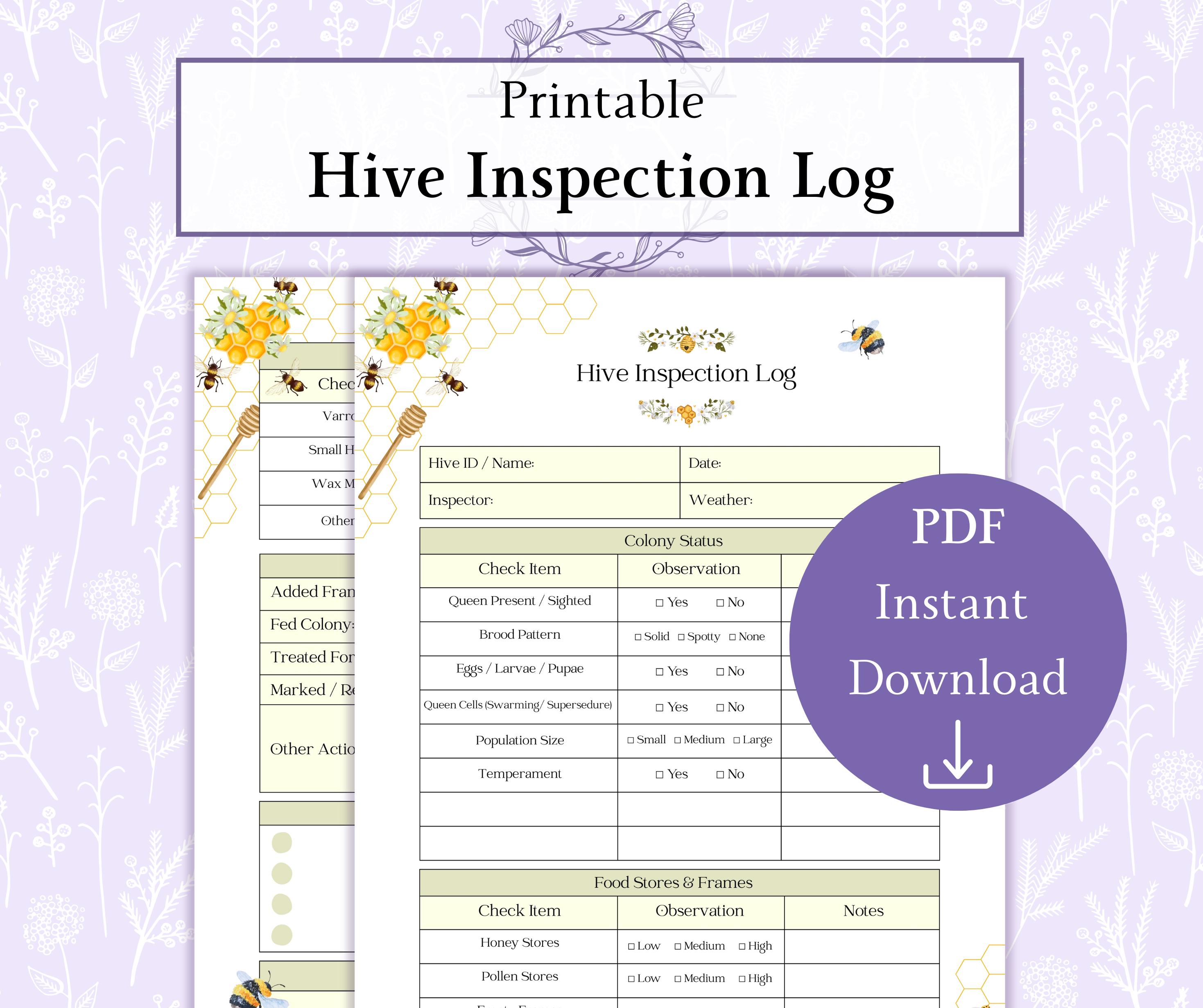 Hive Inspection Log Printable PDF, Bee Hive Inspection Sheet ...