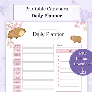 Capybara Daily Planner Printable PDF | Boho Daily Schedule | Hourly ...