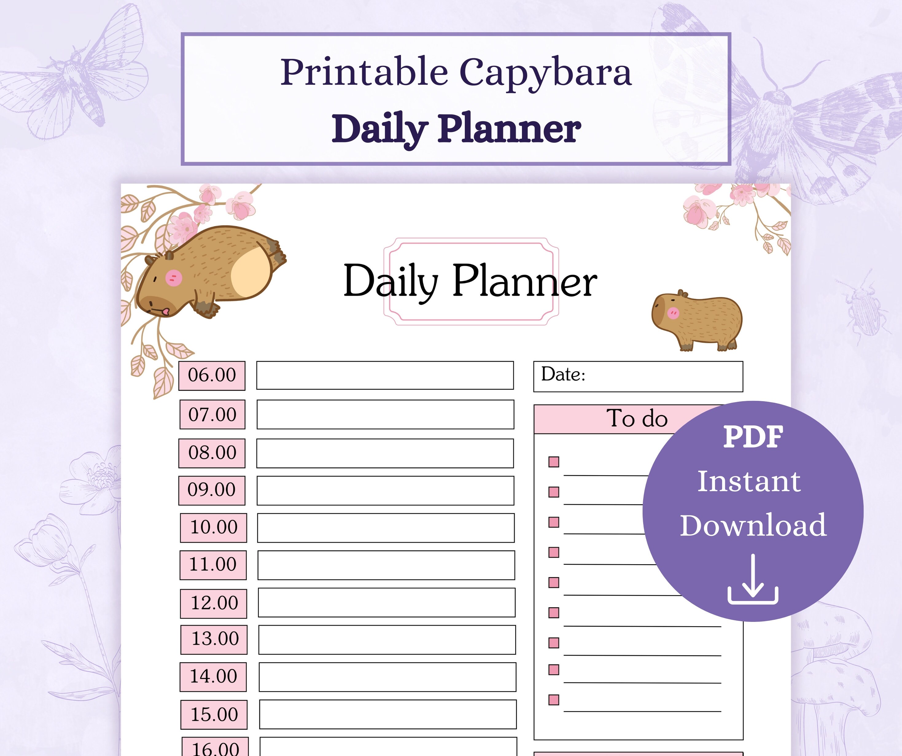 Capybara Daily Planner Printable PDF | Boho Daily Schedule | Hourly ...