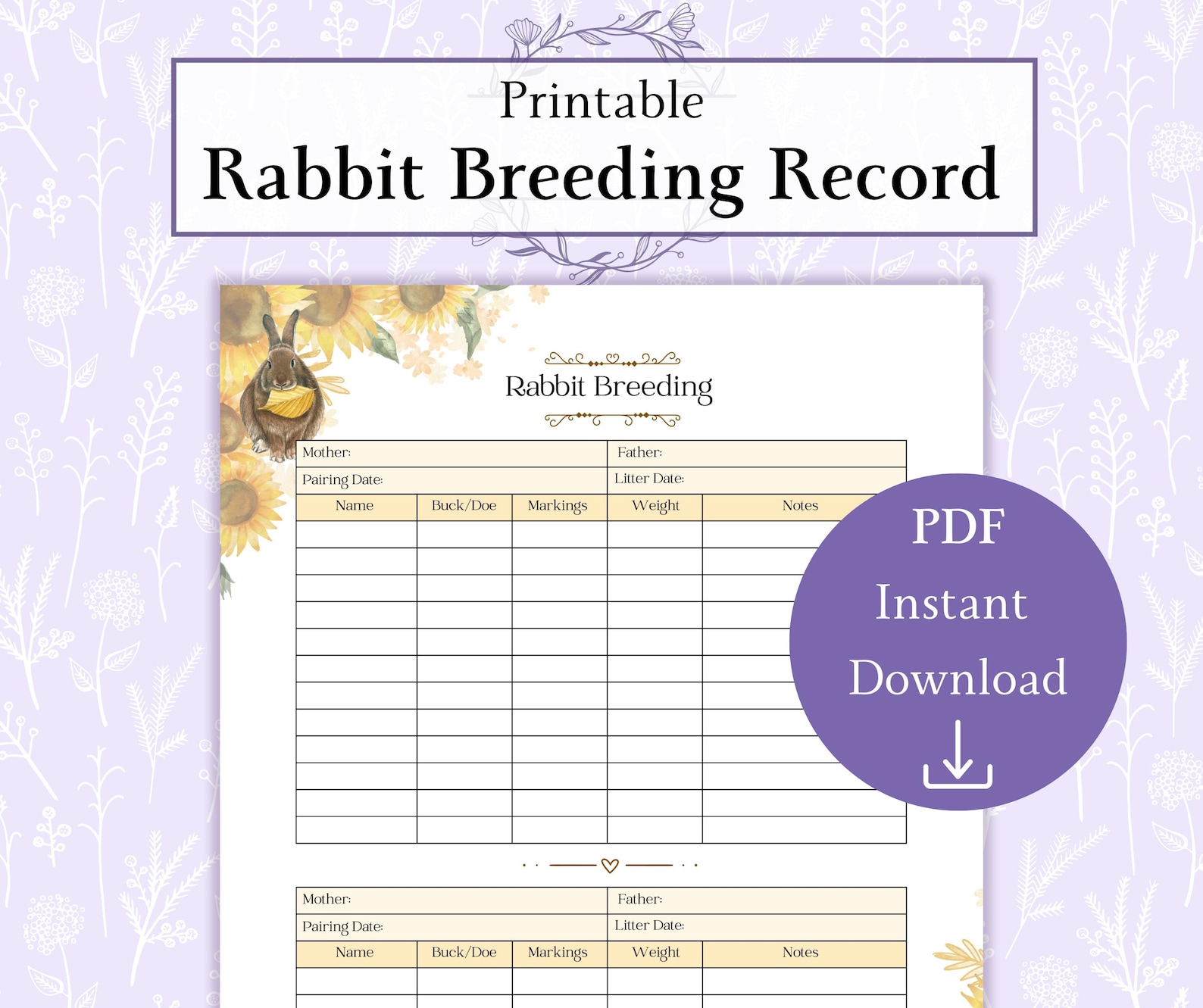 Rabbit Breeding Record Printable PDF | Rabbitry Log | Homestead Rabbits ...