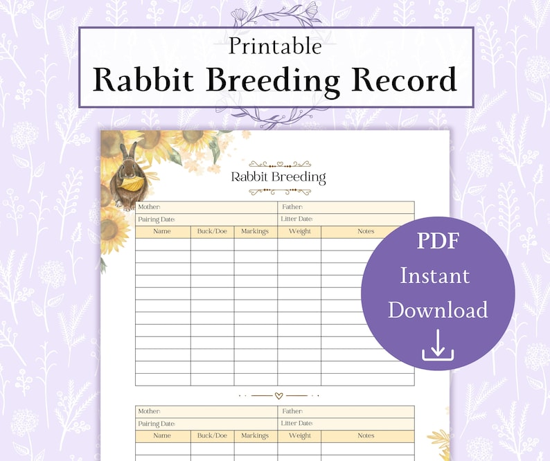 Rabbit Breeding Record Printable PDF | Rabbitry Log | Homestead Rabbits ...