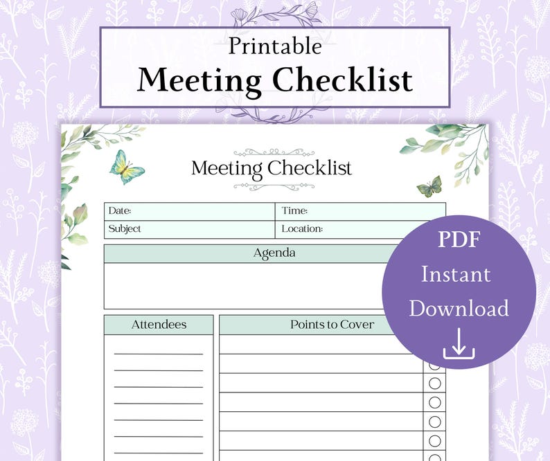 Meeting Checklist Printable PDF | Meeting Log | Meeting Tracker | Team ...