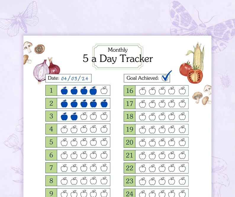 Monthly Five a Day Tracker Printable PDF | Food Diary | Monthly ...
