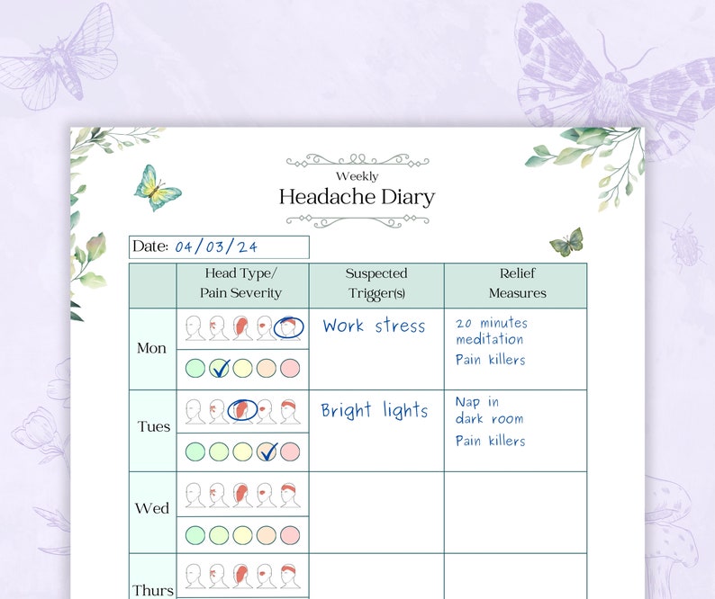 Headache Diary Printable PDF | Weekly Migraine Tracker | Symptom ...