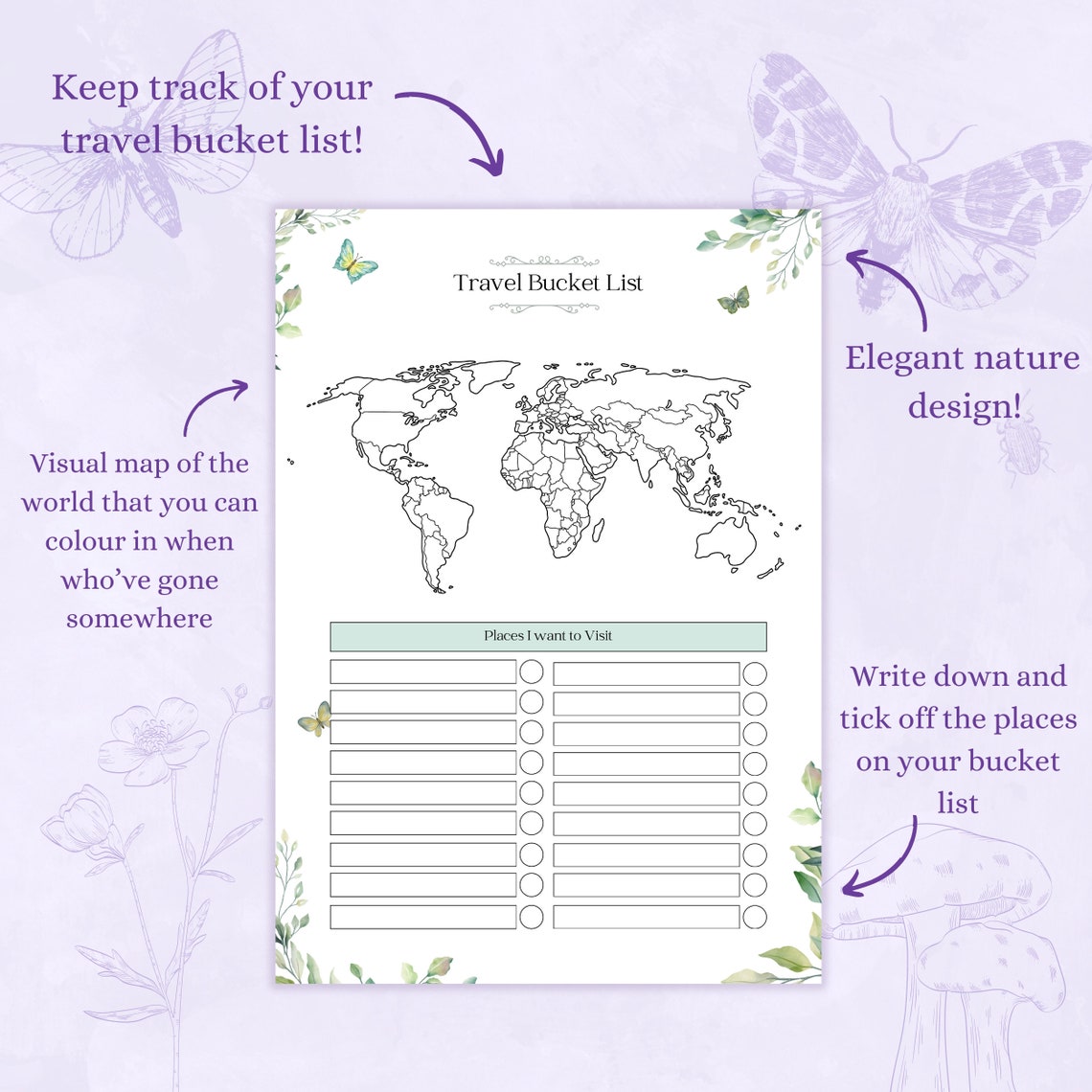 Travel Bucket List Printable PDF World Map Checklist Travel Wishlist ...