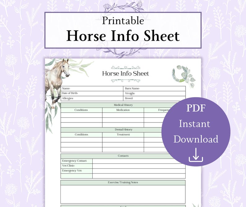 Horse Info Sheet Printable PDF | Horse Vet Records Care Information ...