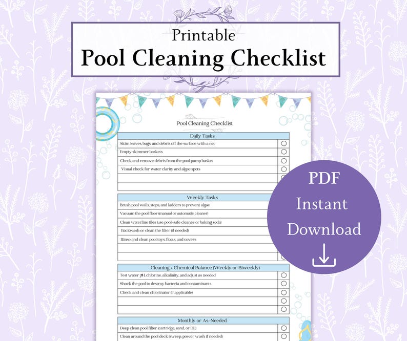 Pool Cleaning List Printable PDF | Cleaning Checklist | Home Management ...