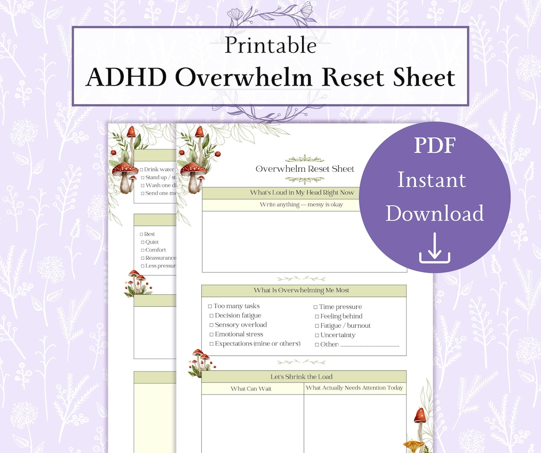 ADHD Overwhelm Reset Sheet Printable PDF, Burnout Recovery Printable ...
