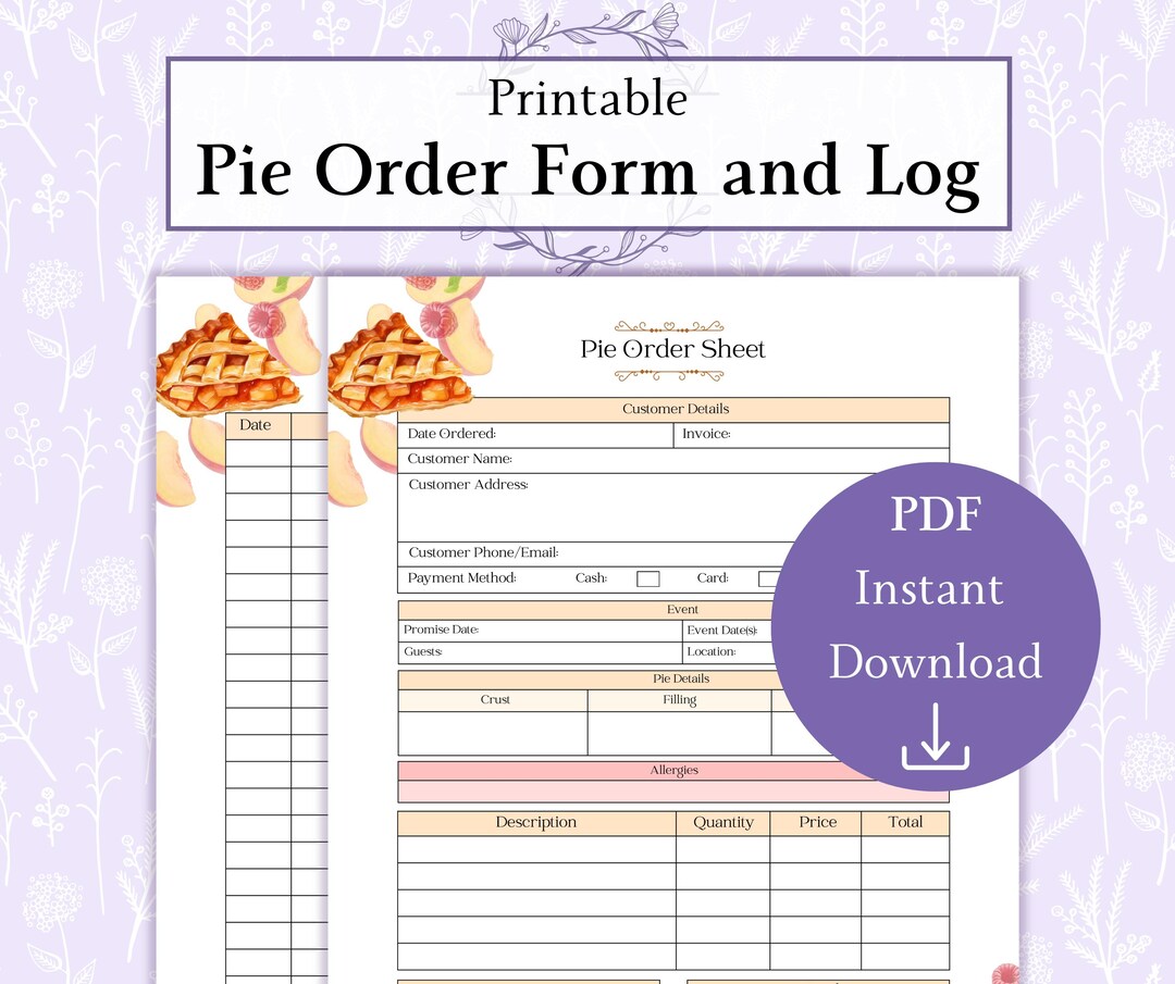 Pie Order Form Printable PDF | Pie Order Tracker | Bakery Order Form ...