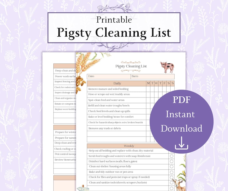 Pigsty Cleaning List Printable PDF | Pigsty Checklist | Farm Management ...