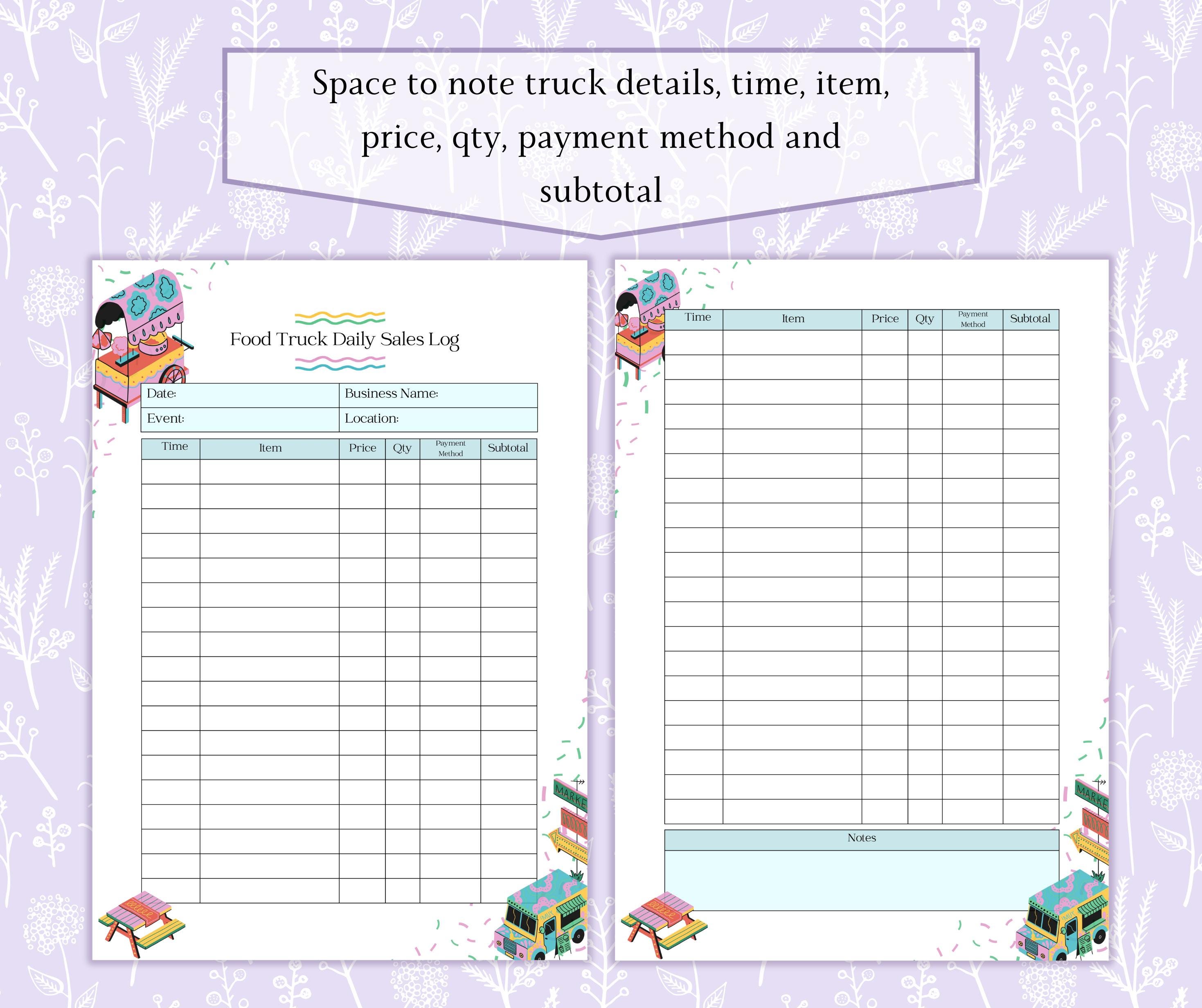 Food Truck Daily Sales Log Printable PDF | Daily Sales Tracker | Vendor ...