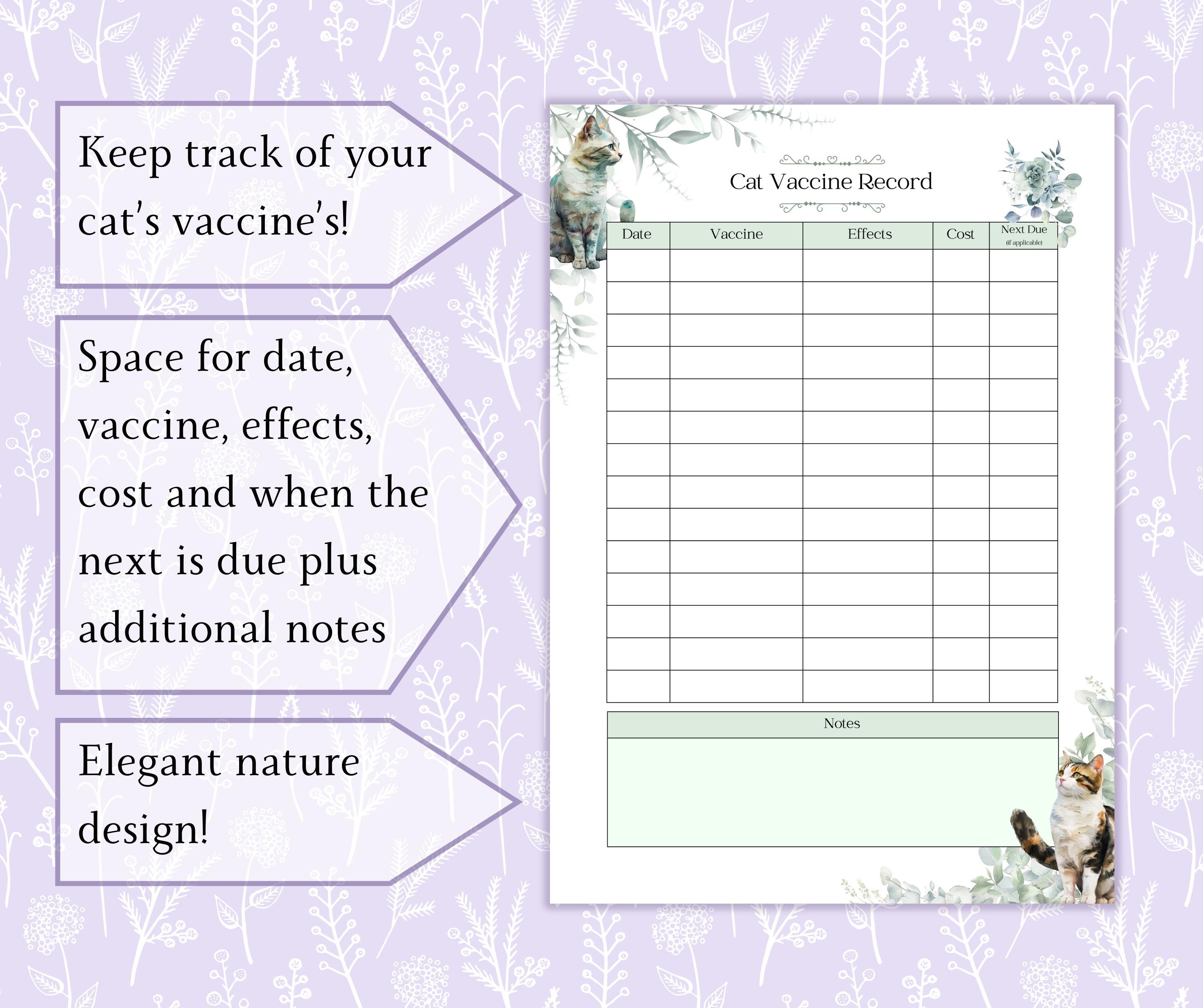 Printable Cat Vaccine Health Record PDF | Pet Health Tracker | Pet ...