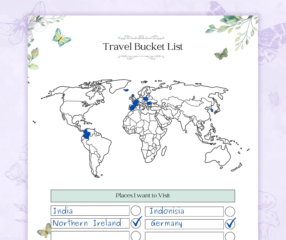 Travel Bucket List Printable PDF World Map Checklist Travel Wishlist ...