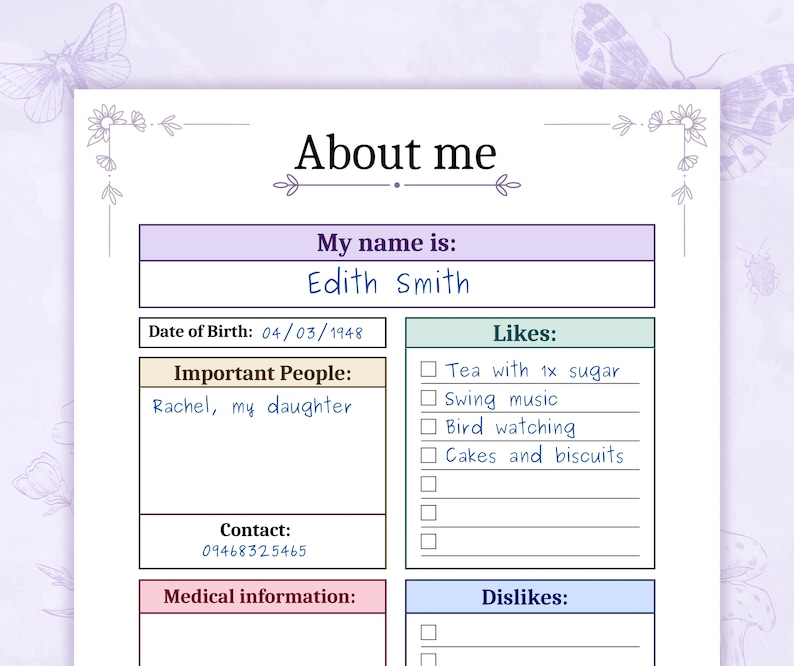 About Me Sheet Printable PDF | Dementia Care | Get to Know Me ...