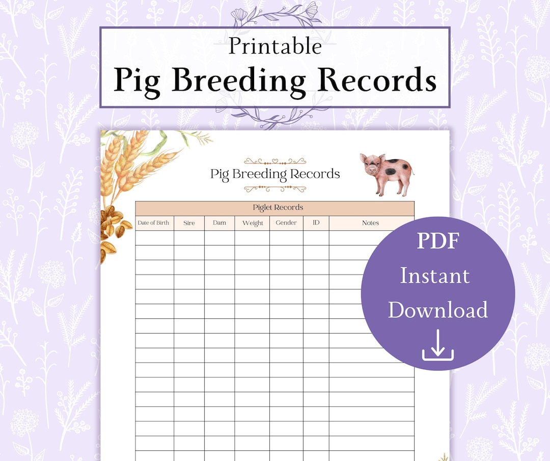 Pig Breeding Records Printable PDF | Pig Record Keeping | Pig Chart ...