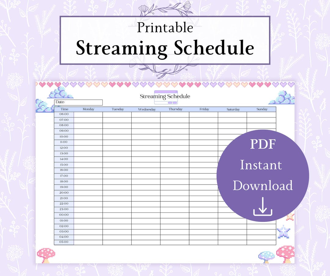Streaming Schedule Printable PDF | Stream Weekly Schedule Content ...