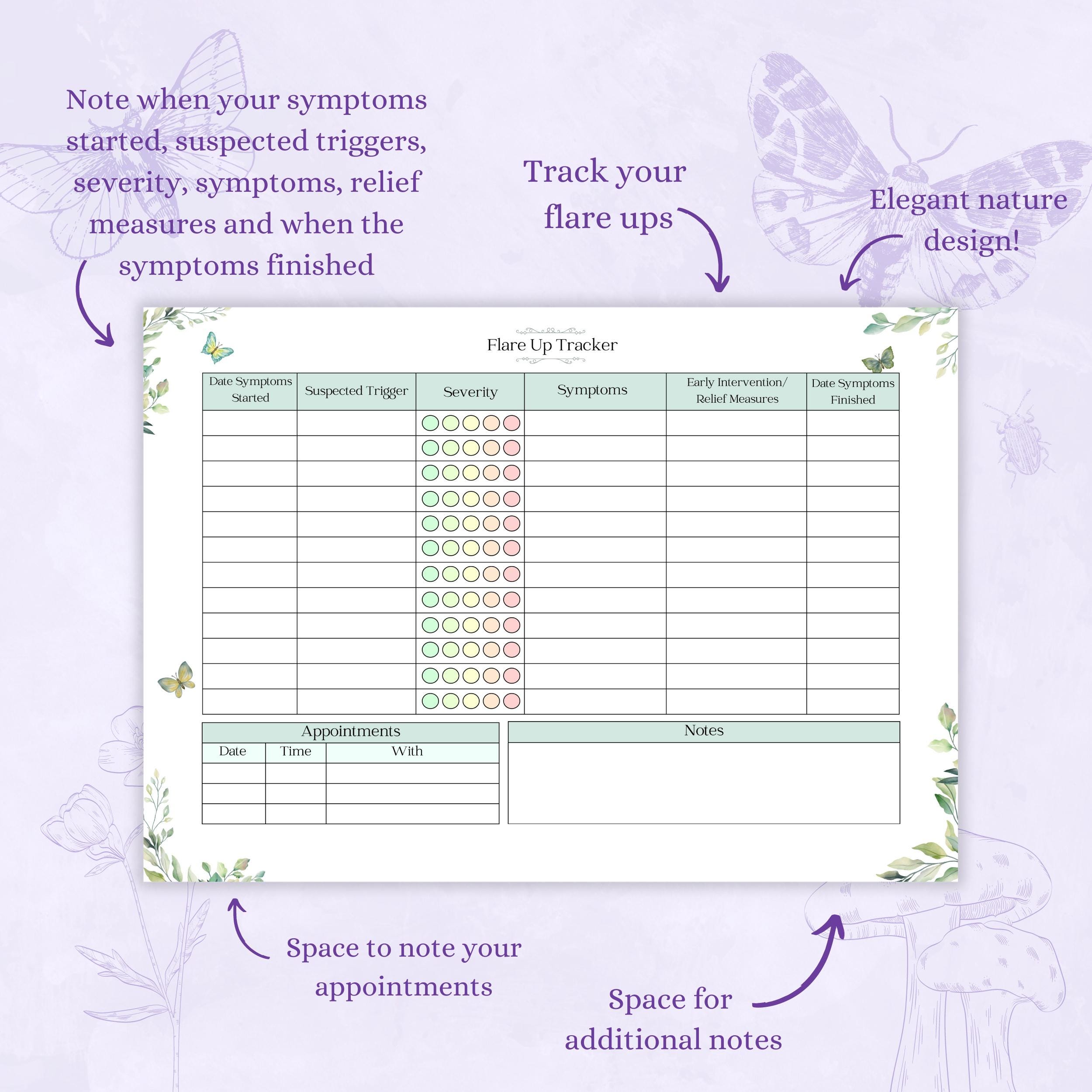 Flare up Tracker Printable PDF | Symptom Tracker | Flare up Journal ...