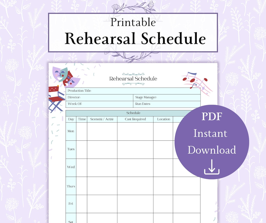 Weekly Rehearsal Schedule Printable PDF | Theater Rehearsal Calendar ...