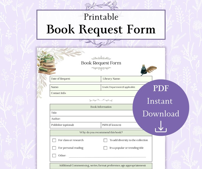Book Request Form Printable PDF | Library Book Request Form Sheet ...
