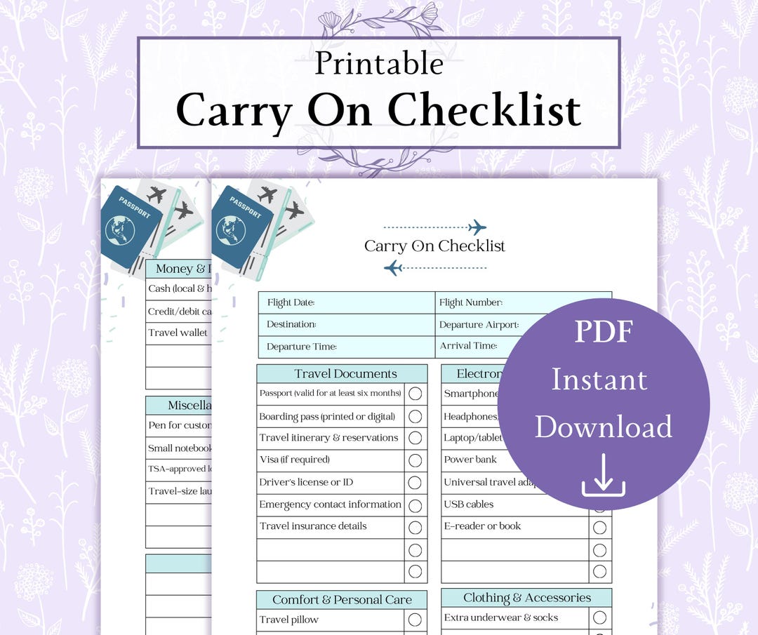 Carry on Checklist Printable PDF | Travel Packing List | Flight Packing ...