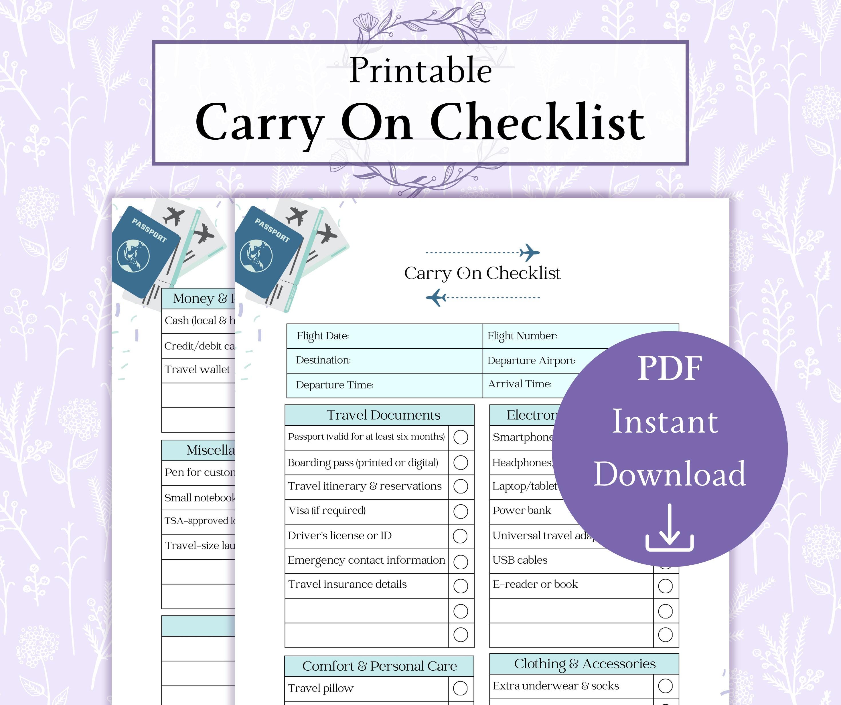 Carry on Checklist Printable PDF | Travel Packing List | Flight Packing ...