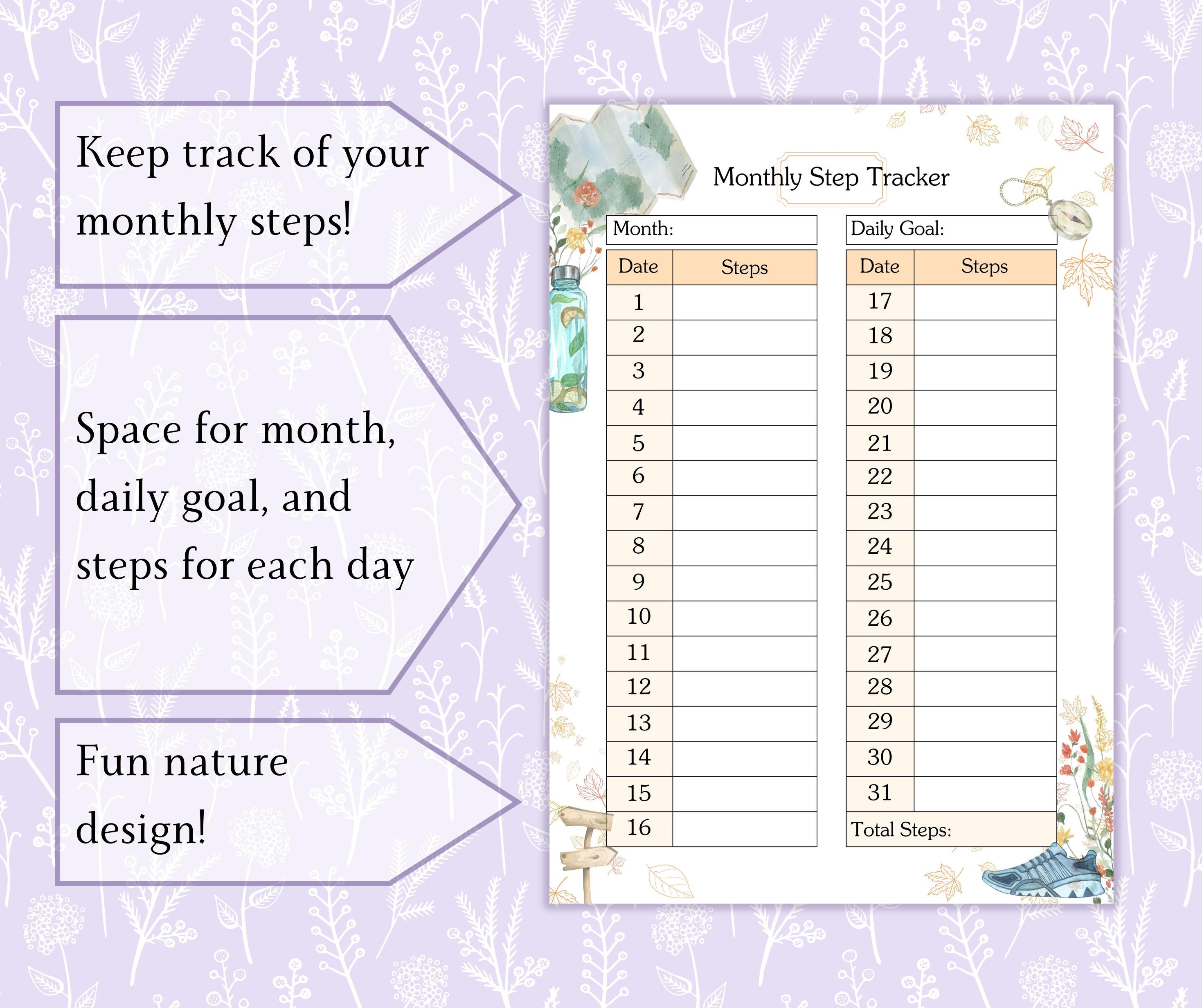 Monthly Step Tracker Printable PDF | Walking Log Template | Step Record ...