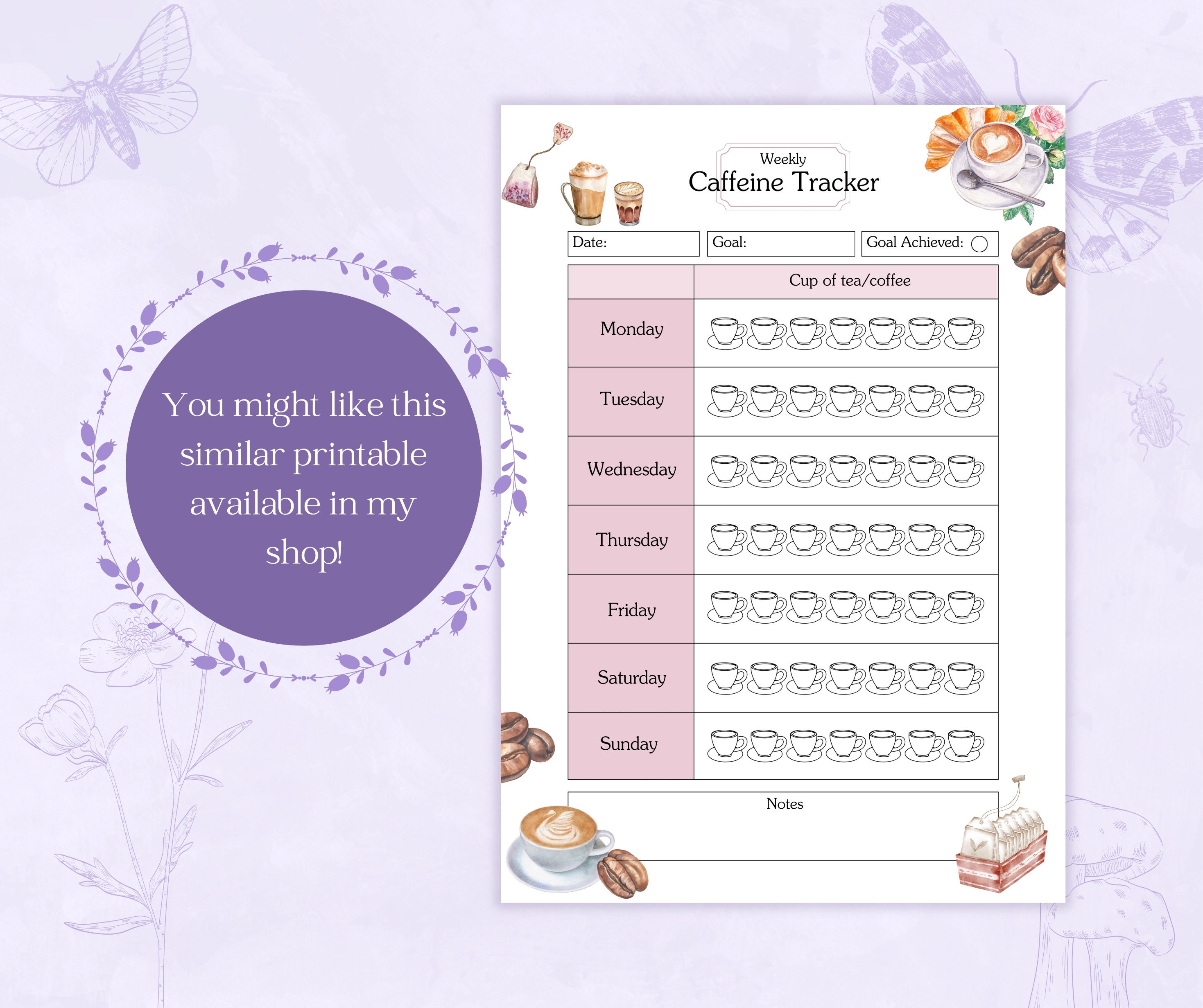 Monthly Caffeine Tracker Printable PDF | Wellness Planner | Caffeine ...