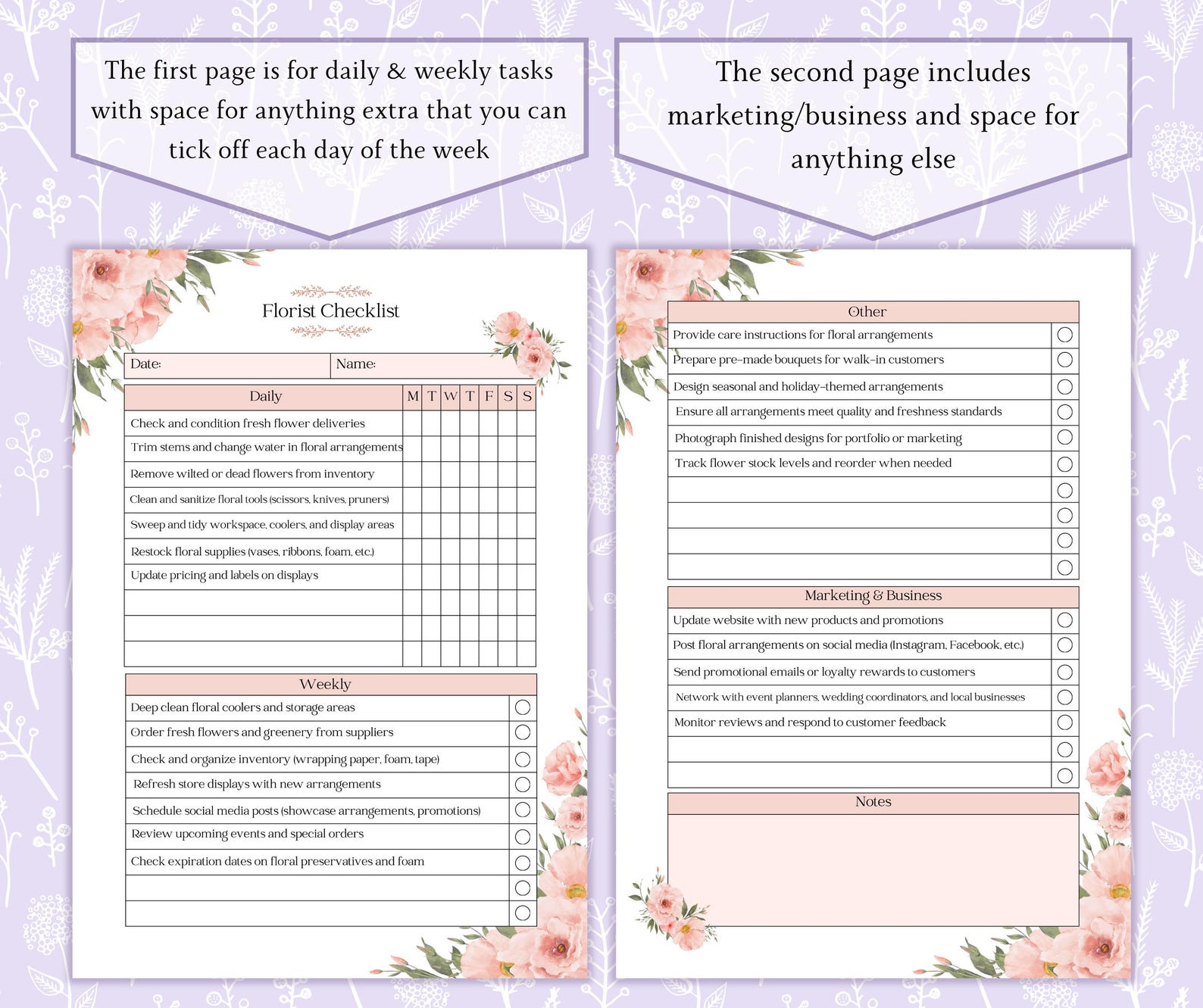 Florist Checklist Printable PDF | Flower Shop Log | Floristry Tracker ...