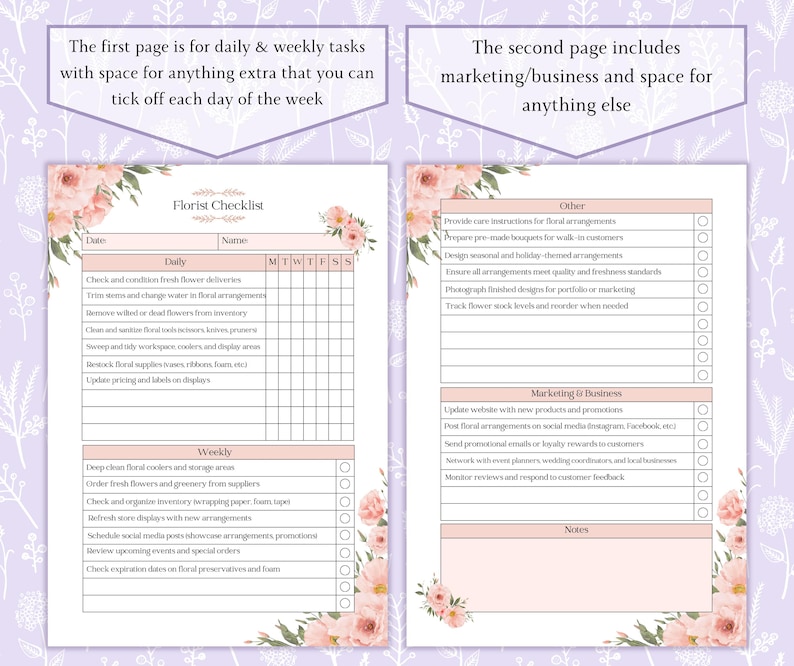 Florist Checklist Printable PDF | Flower Shop Log | Floristry Tracker ...