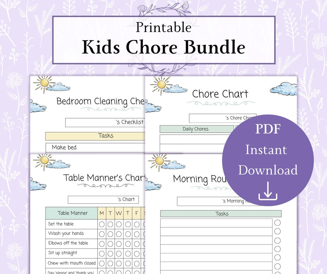 Kids Chore Chart Bundle Printable PDF | Kids Bedroom Cleaning Checklist ...