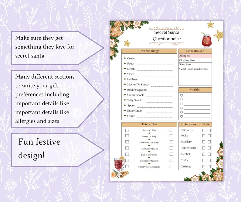 Secret Santa Questionnaire Printable PDF | Secret Santa Survey ...