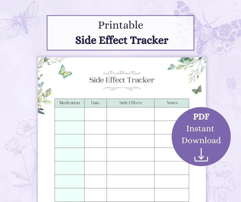 Side Effects Tracker Printable PDF | Medication Log | Adverse Reaction | Side Effects Log ...