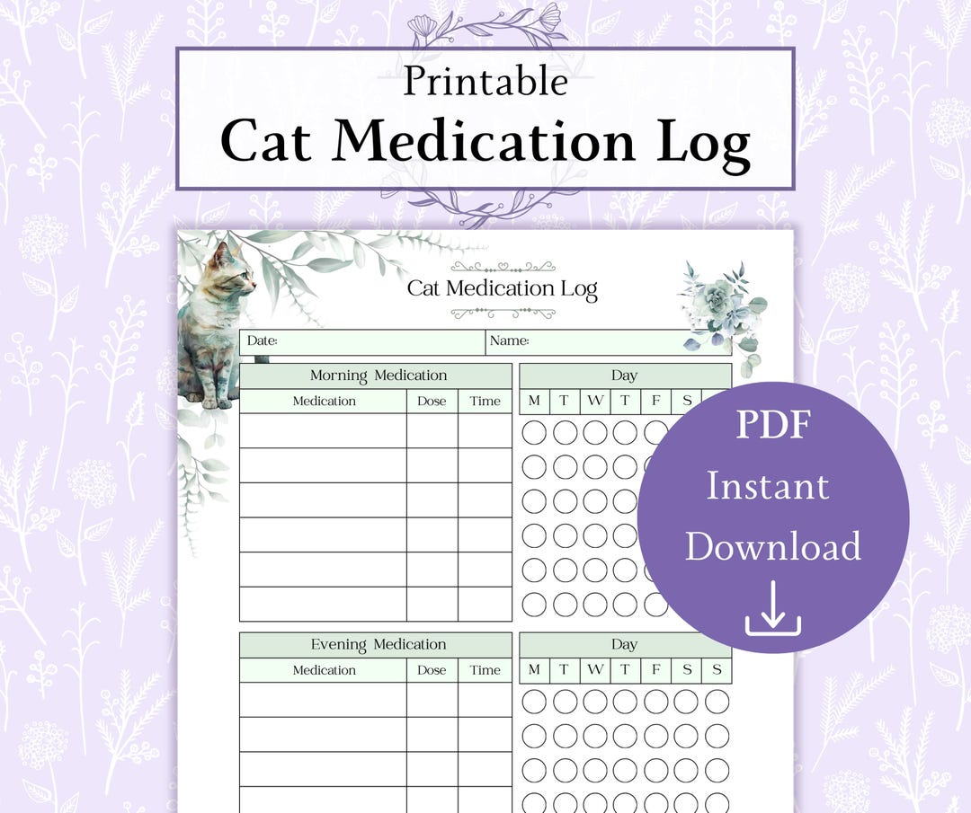 Cat Medication Log Printable PDF | Pet Health Log | Feline Medication ...
