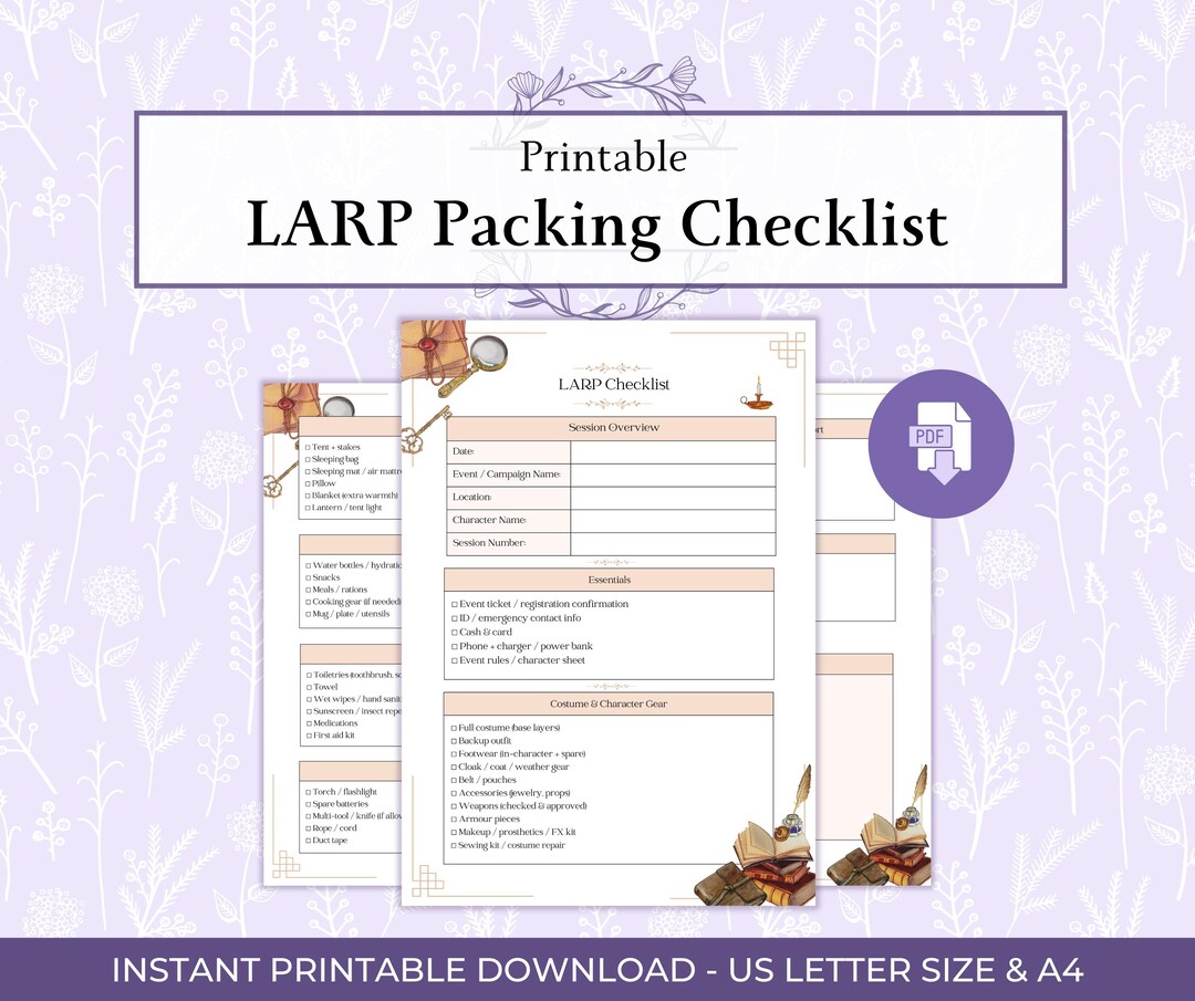 LARP Pack Checklist Druckbare PDF, Live Action Rollenspiel ...